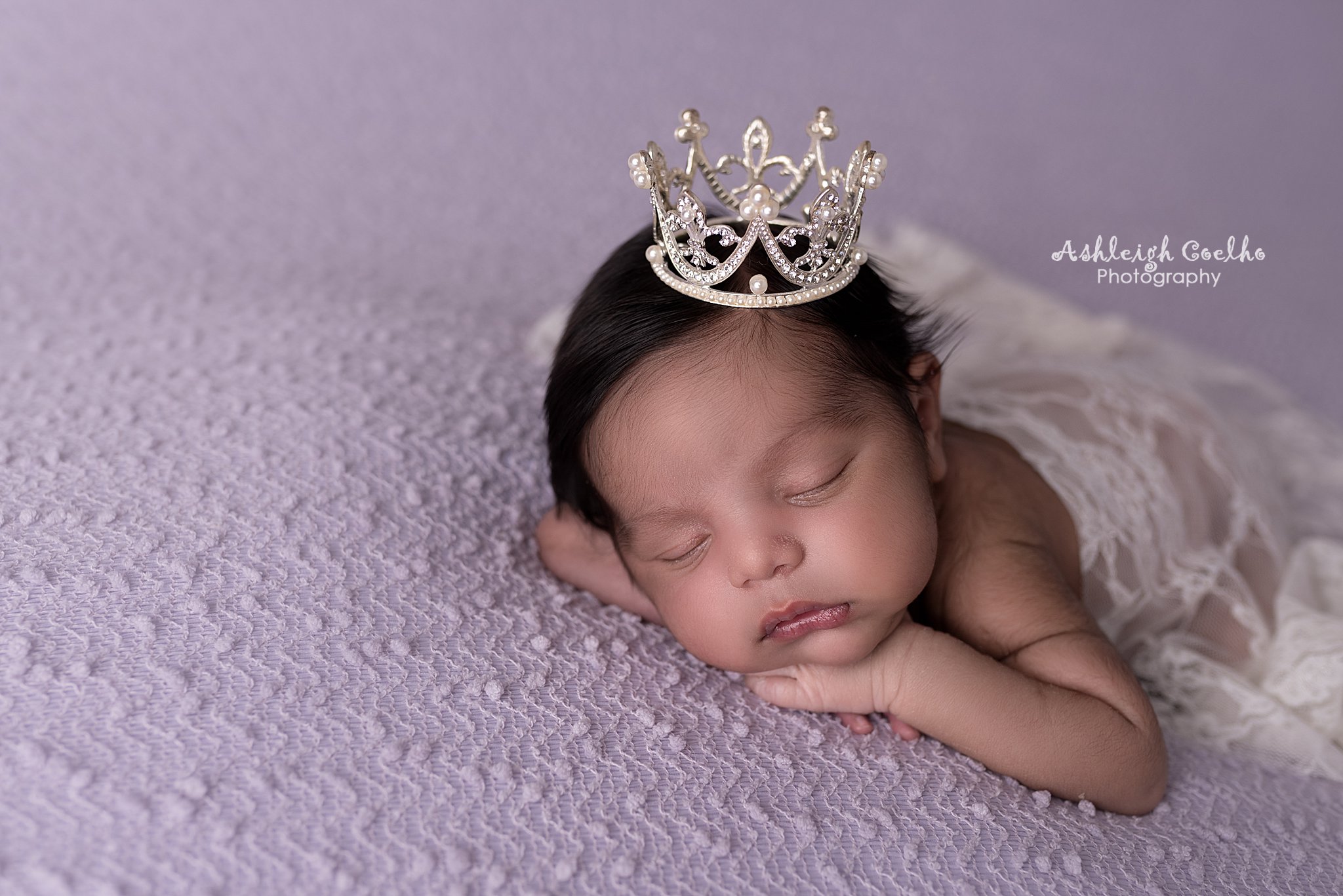 Girl_Newborn_Chin_On_hands_Purple_Cream_Ivory_Crown_Photographer ...